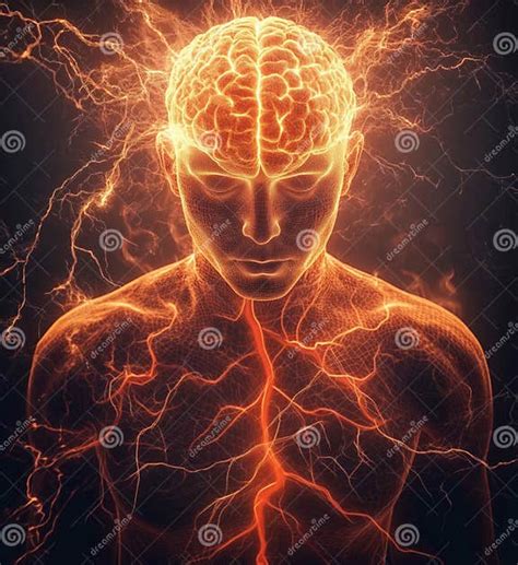 Electric Brain Energy Visualization, Human Figure Surrounded by Lightning and Neural Connections ...