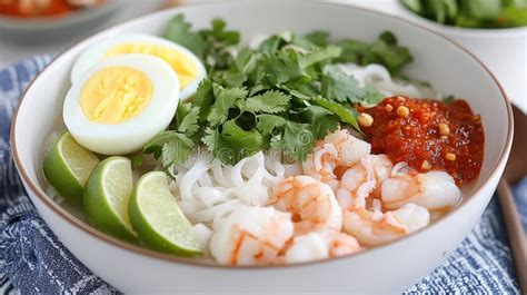 Delicious Malaysian Laksa Soup With Rice Noodles And Prawns Served With Boiled Egg And Vibrant