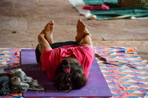 Inspired Indian Young Woman Doing Yoga Asanas In Lodhi Garden Park New
