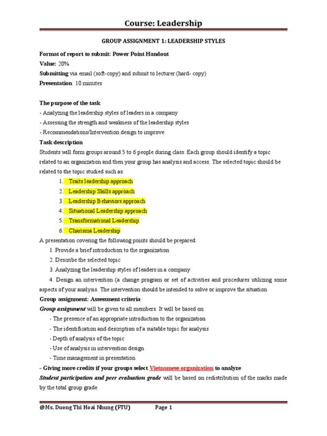 Leadership Styles Group Assignment Guide Pdf Leadership Evaluation