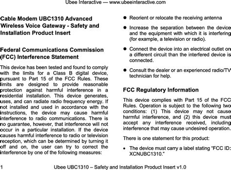 Ubee Interactive Holding Branch UBC1310 Cable Modem User Manual