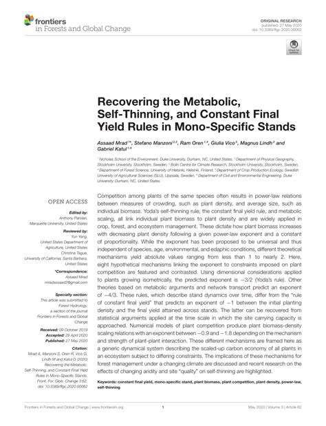 Pdf Recovering The Metabolic Self Thinning And Constant Final Yield Rules In Mono Specific