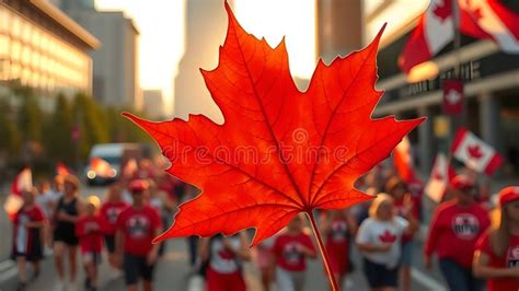A Vibrant Red Maple Leaf Shines Brightly Against A Backdrop Of People And Flags Celebrating