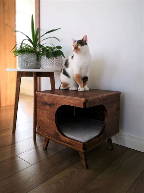 Stylish Plywood Cat House Cozy Cat Bed Rustical Box Dark Oak Etsy Modern Cat Furniture Cat