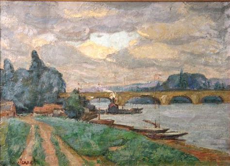 Bonhams Jean Perrot A River Scene With Boats Along The Shore And A Bridge Beyond 18 1 4 X 25 3 4in