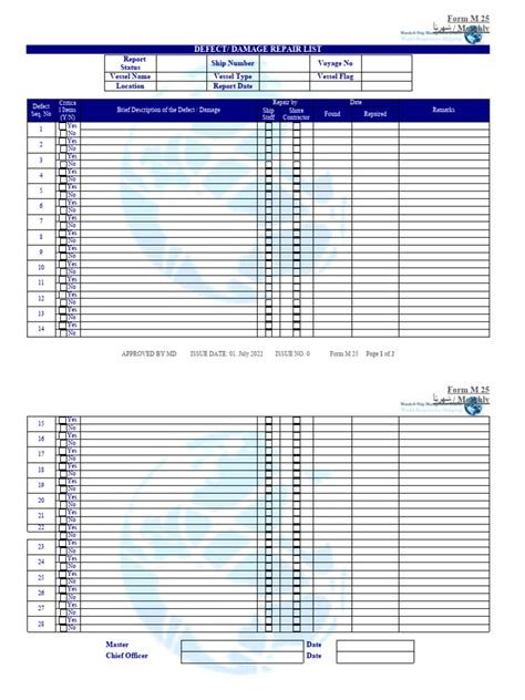 Form M 25 Defect Damage Repair List Pdf Ships Shipping