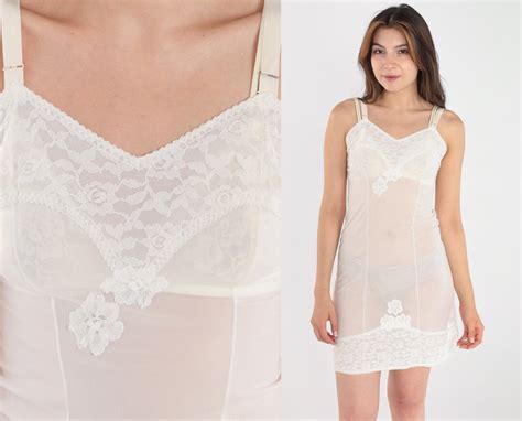 70s Slip Dress White Lace Trim Lingerie Dress Tight Mini Slip