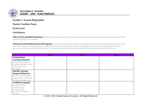 3 Day Unit Plan Template Section 1 Lesson Preparation Teacher