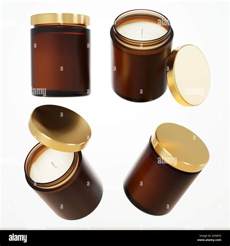Different Views Of Aromatic Candle In Glass Jar With Cotton Wick And Yellow Gold Lid 3d Render