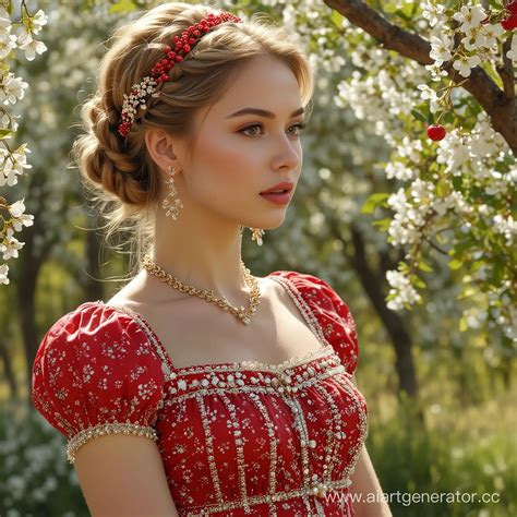 Russian Cutie In Floral Sundress With Kokoshnik And Jewelry In Cherry