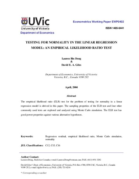 Ewp 0402 Issn 1485 6441 Testing For Normality In The Linear Regression Model An Empirical