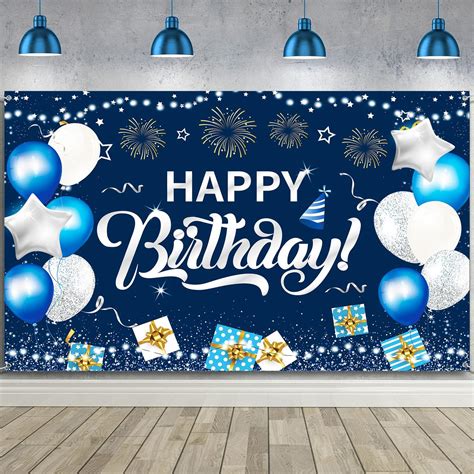 Happy Birthday Banner Decorations Blue Silver Party Backdrop Banner