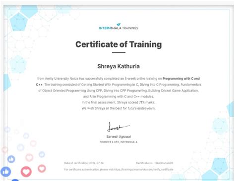 Completed Programming With C And C At Internshala Shreya Kathuria