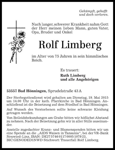 Traueranzeigen Von Rolf Limberg Rz Trauer De