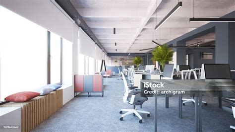 인테리어 디자인 사무실의 컴퓨터 생성 이미지입니다 건축 시각화 3d 렌더링 스톡 사진 0명에 대한 스톡 사진 및 기타 이미지 Istock