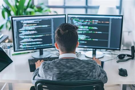 Premium Photo Programmer Writing Program Code With Two Monitors Generative Ai