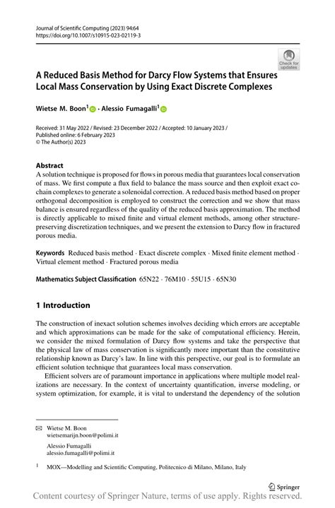 Pdf A Reduced Basis Method For Darcy Flow Systems That Ensures Local Mass Conservation By