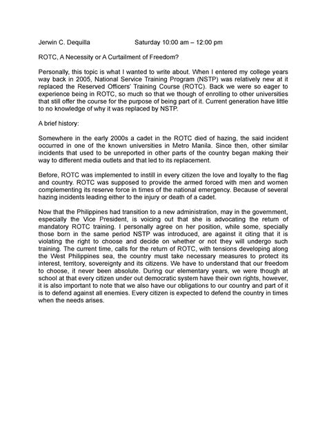 Opinion On Rotc Assignment On Human Rights Law Jerwin C Dequilla