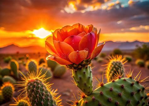 Stunning Prickly Pear Cactus Bloom Against A Fiery Desert Sunset A