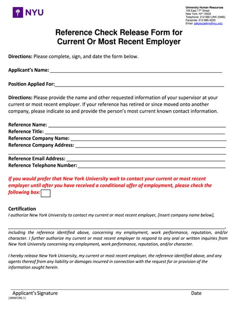 Nyu Reference Check Release Form For Current Or Most Recent Employer
