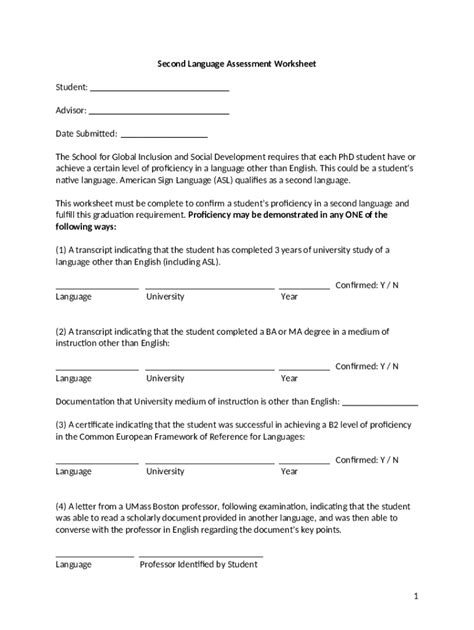 Second Language Assessment Worksheet Doc Template Pdffiller