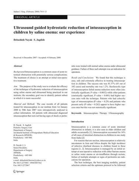 Pdf Ultrasound Guided Hydrostatic Reduction Of Intussusception In