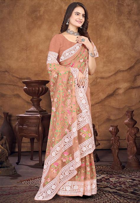 Buy Embroidered Organza Saree In Peach Online Scba5051 Utsav Fashion
