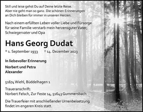 Traueranzeigen Von Hans Georg Dudat Wirtrauern