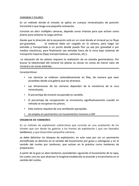 Minería Cámaras Y Pilares Vs Ensanche De Tambores Pdf Ventilación