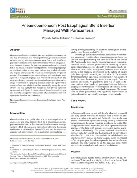 Pdf Pneumoperitoneum Post Esophageal Stent Insertion Managed With