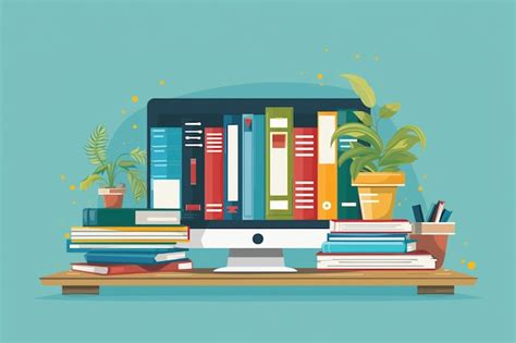 Computer Books And Plants Arrangement For Remote Education Concept
