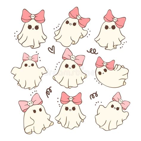 Cute Kawaii Pink Halloween Ghost Cartoon Doodle Drawing Collection