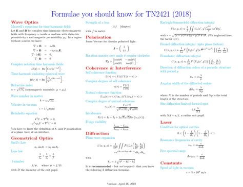 Formulae You Should Know For Tn2421 2018 Wave Optics Pdf Diffraction Coherence Physics