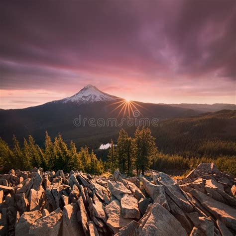 Majestic View Of Mt Hood On A Bright Colorful Sunset During The