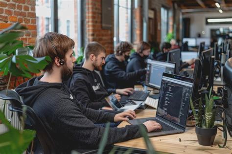 Team Of Male And Female Software Developers Writing Code On Laptops In