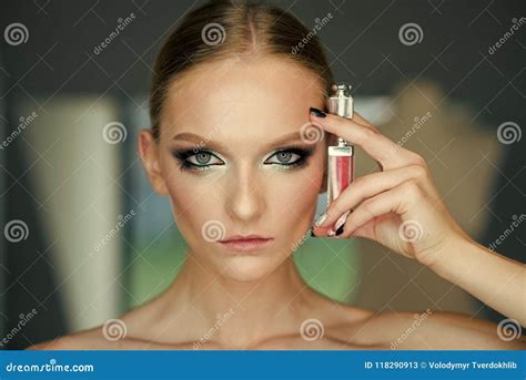 Cosmetics And Perfume Advertisement Woman With Lipstick Cosmetics