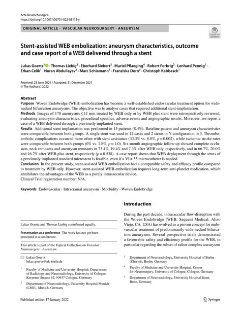Pdf Stent Assisted Web Embolization Aneurysm Characteristics