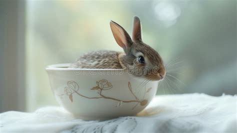 Tiny Dwarf Rabbit Nestled Inside Oversized Teacup Stock Illustration