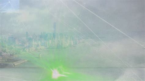 Animation Of Network Of Connections And Green Spot Of Light Against Aerial View Of Cityscape