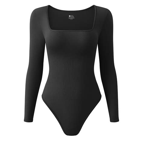 Oqq Womens 1 Piece Bodysuits Ribbed One Piece Square Neck Long Sleeve Bodysuits