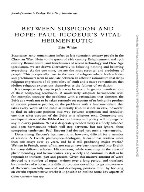 Ricoeurs Hermeneutic Of Suspicion And Hope Pdf Hermeneutics