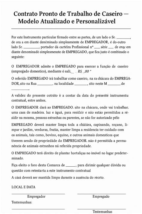 Contrato Pronto De Trabalho De Caseiro Modelo Atualizado