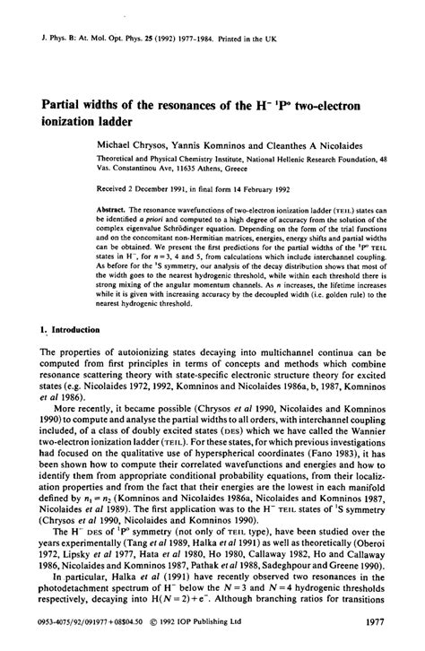 Pdf Partial Widths Of The Resonances Of The H 1p0 Two Electron Ionization Ladder