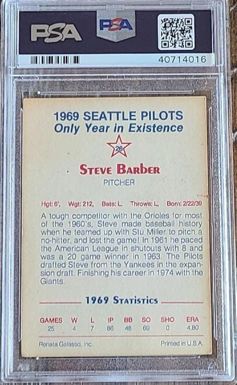 Steve Barber Signed 1984 Renatta Galasso Rgi 1969 Seattle Pilots Card Psa Dna Ebay