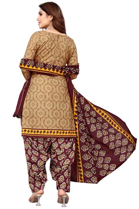 Beige Printed Cotton Unstitched Salwar Salwar Suit Material