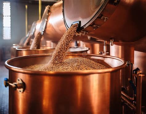 A Beer Brewing Process Captured With Grains Being Poured Into Large