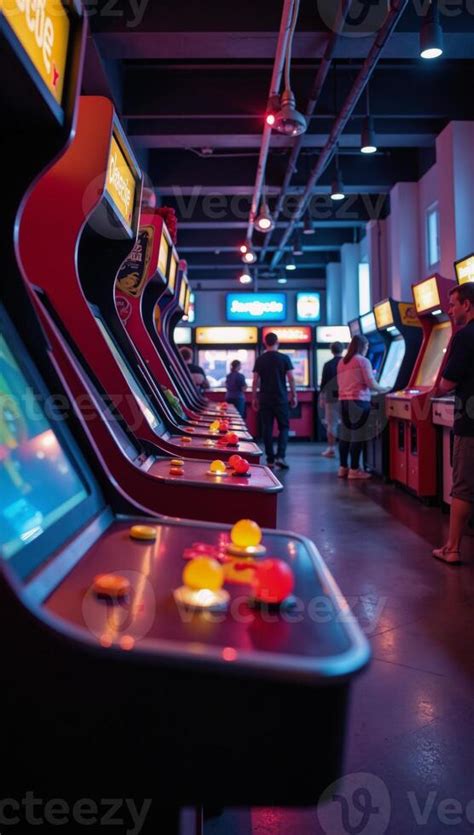 Illustration Depicts A Neonlit Arcade Center For Retro Gaming Fun
