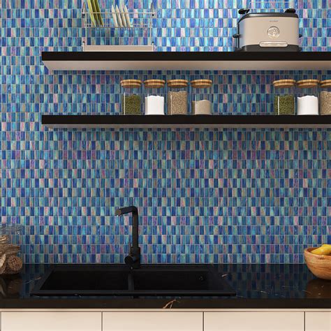 Rectangle Iridescent Blue Checkerboard Glass Mosaic Tiles