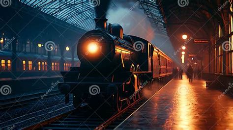 A Vintage Train Station With Steam Locomotive Illuminated By Warm