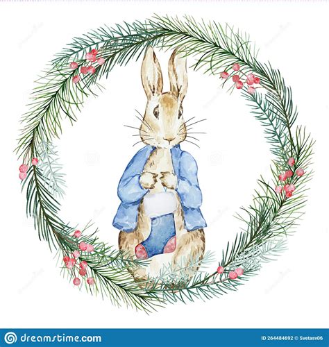 Watercolor Peter Rabbit With Christmas Stocking And Winter Greenery